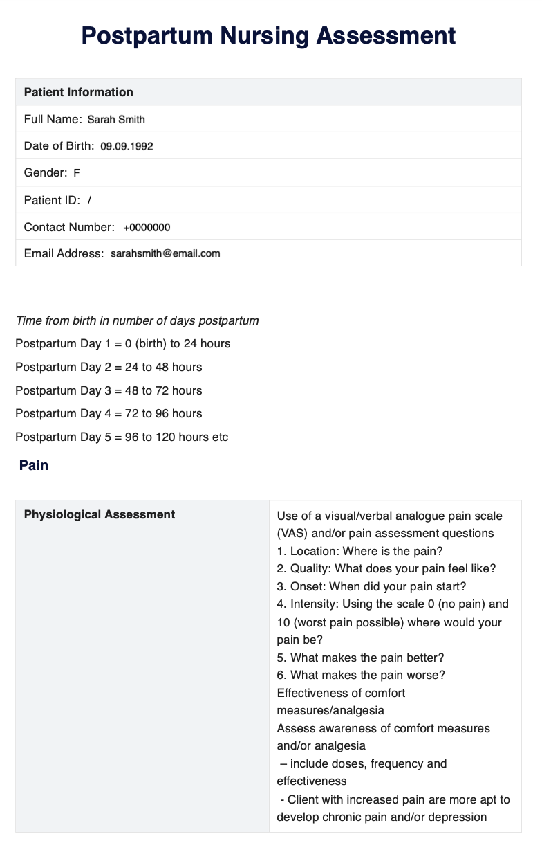 Postpartum Nursing Care Assessment & Example | Free PDF Download